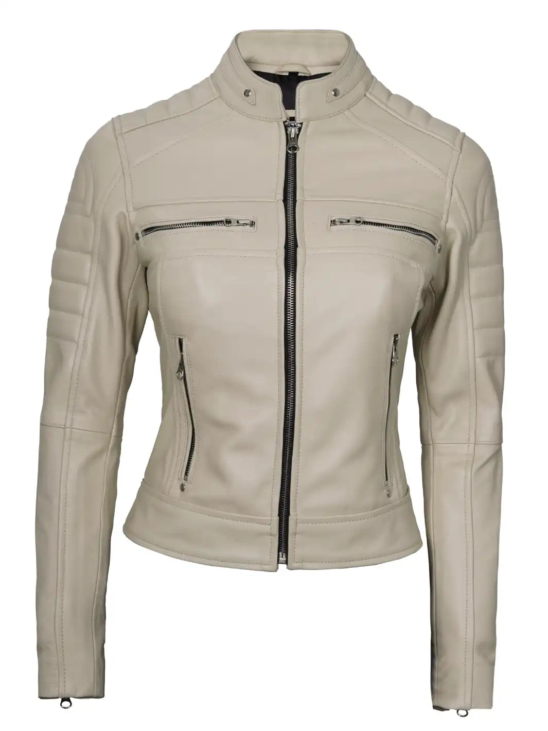 Women Beige Cafe Racer Leather Jacket | Biker Style – Decrum