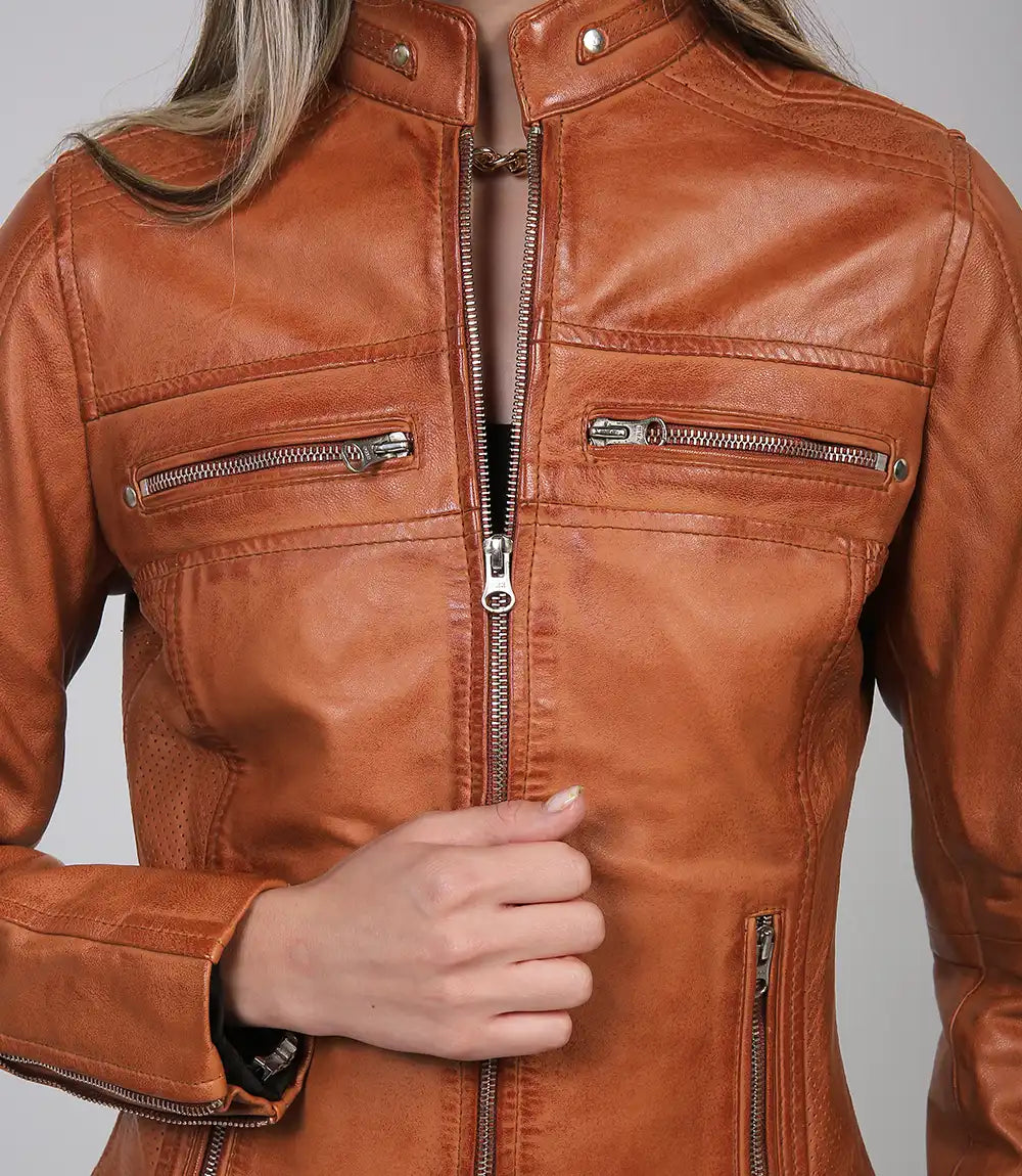 Womens Austin Tan Motorcycle Leather Jacket – Decrum
