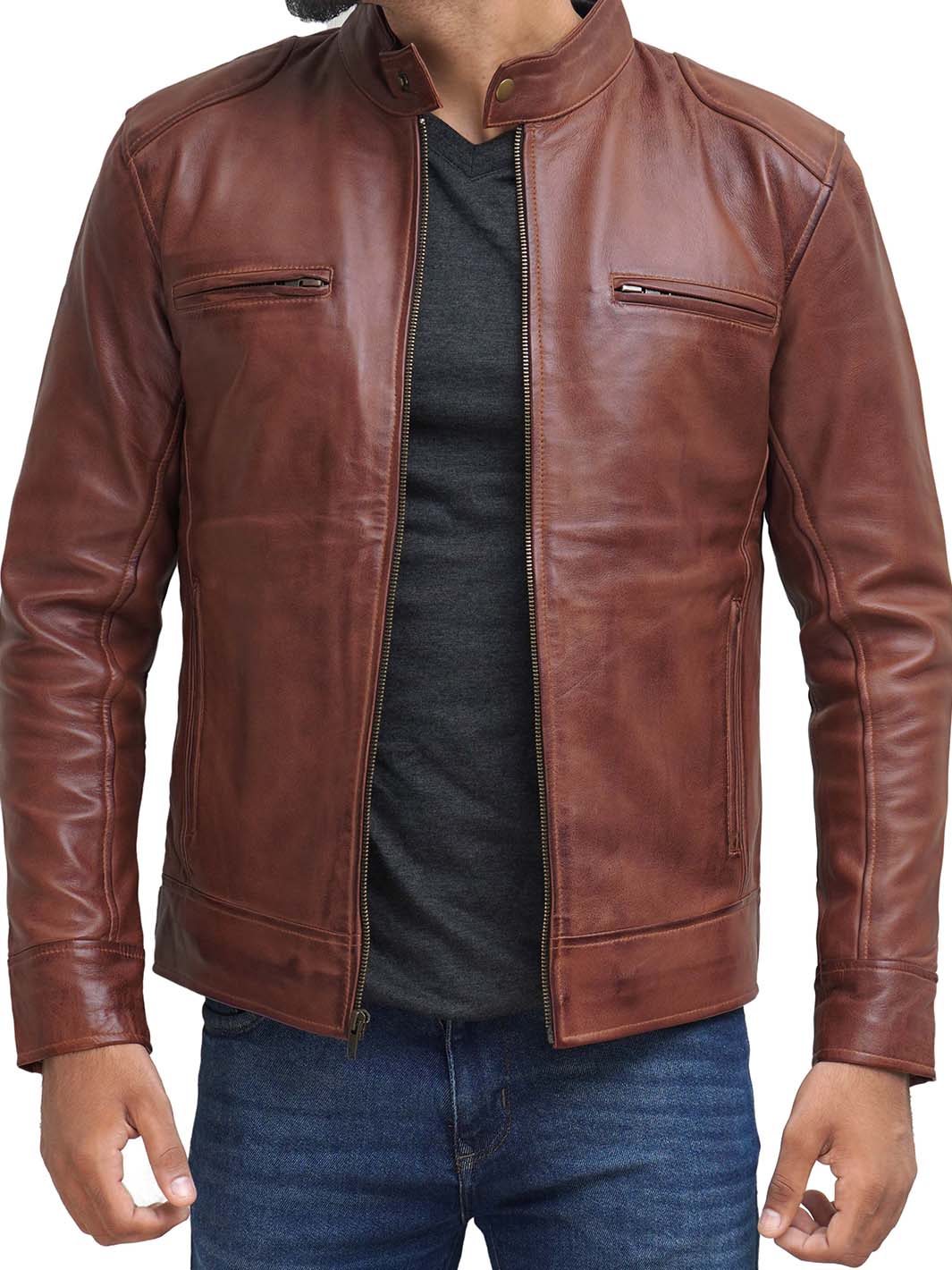 Tall Men's Tan Wax Cafe Racer Leather Jacket – Decrum