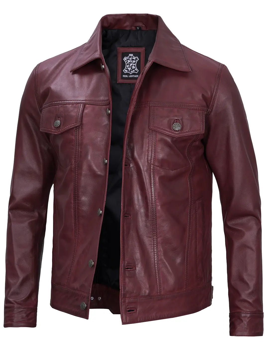 Men's Maroon Leather Trucker Jacket | Stylish and Functional – Decrum