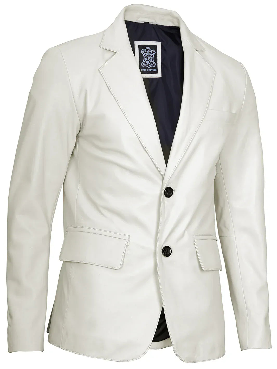 Mens Two Buttons White Leather Blazer | Decrum
