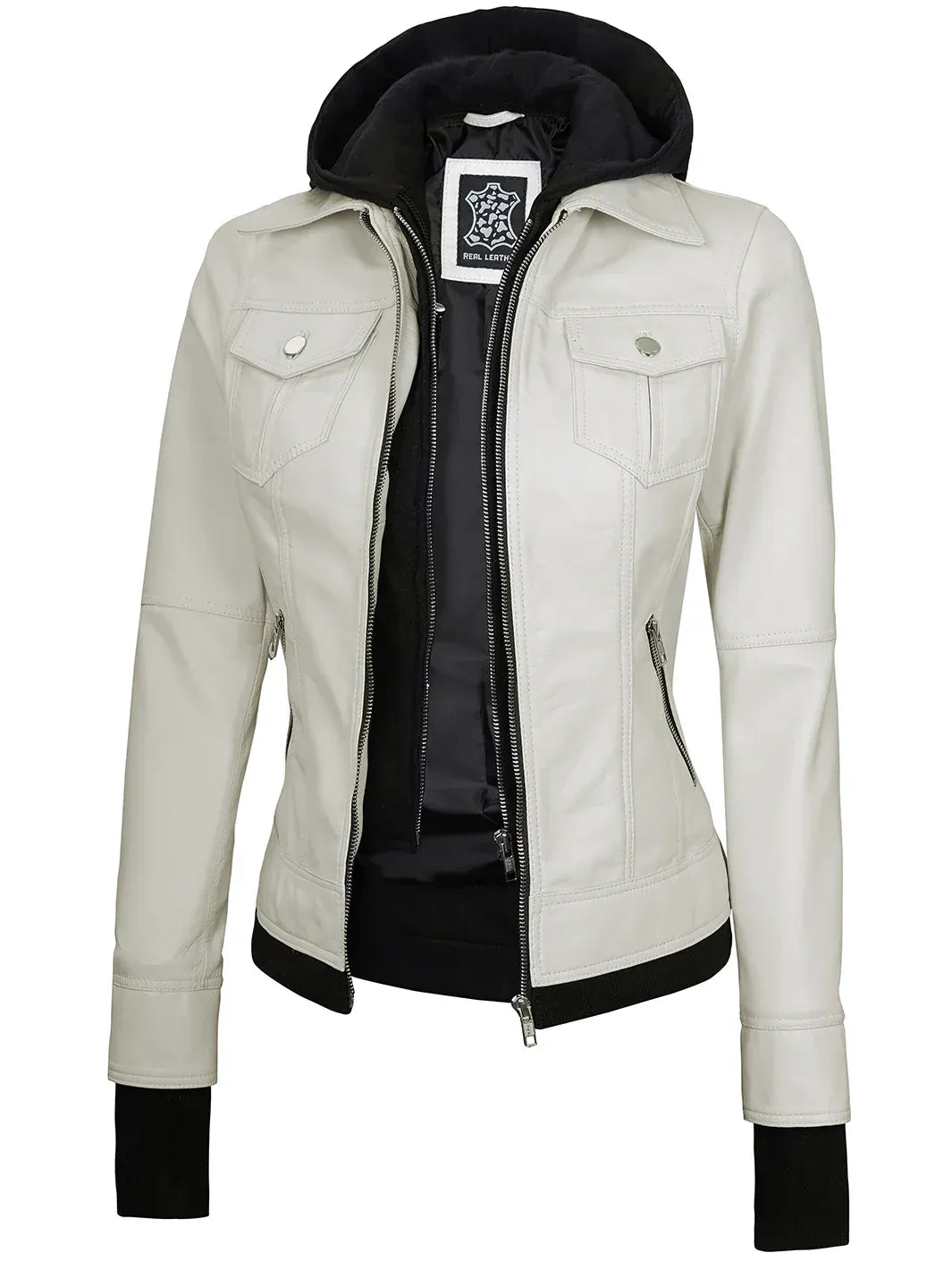 Women's Off White Motorcycle Jacket with Hood – Decrum