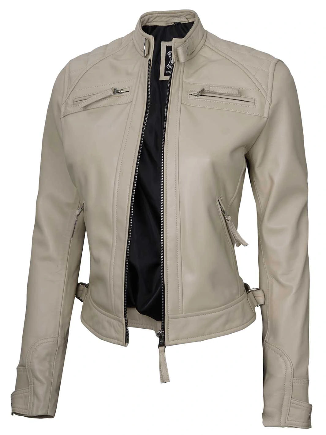 Women Beige Cafe Racer Leather Jacket – Decrum