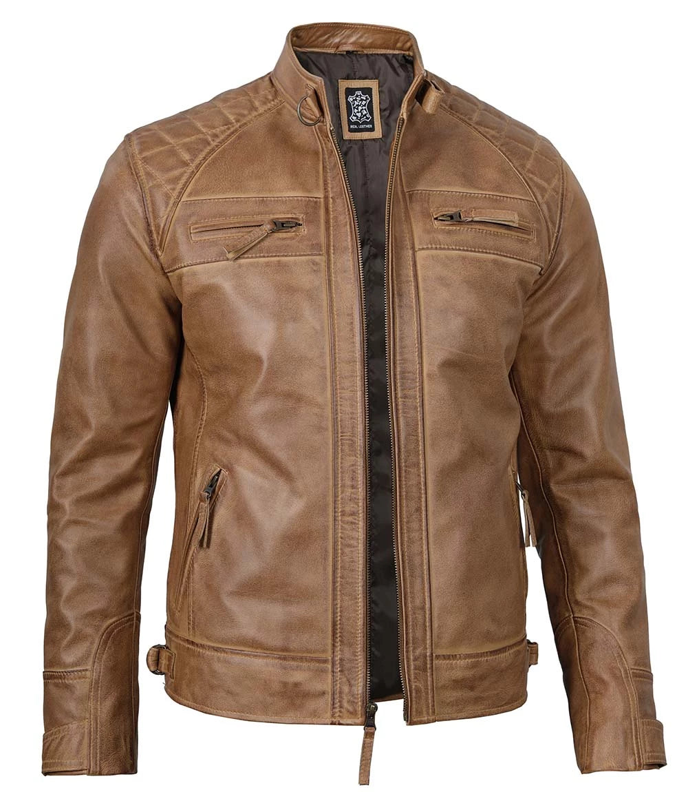 Men's Rub Off Camel Motorcycle Leather Jacket | Moto Look – Decrum