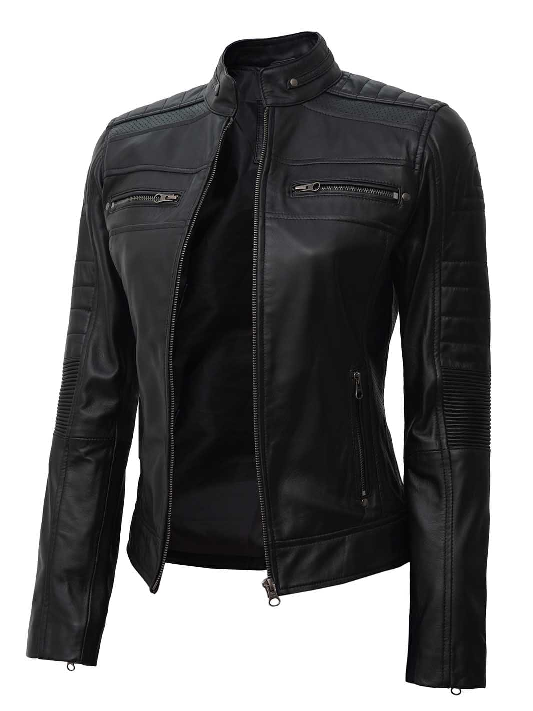 Women's Black Real Leather Jacket – Cafe Racer Style – Decrum