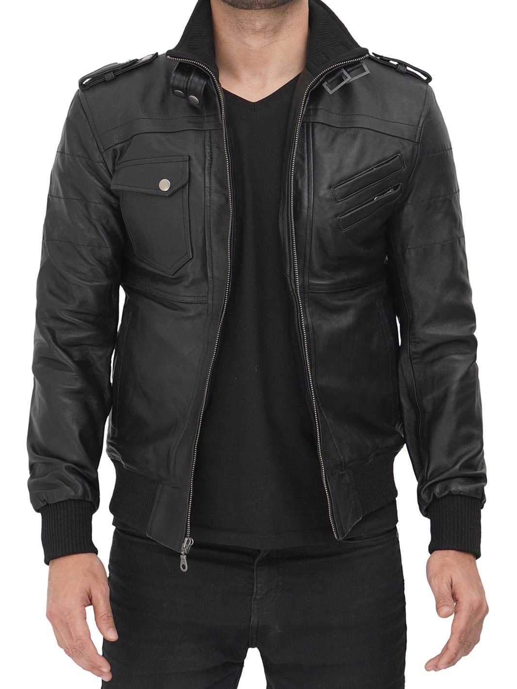 Mens Black Bomber Leather Jacket With Removable Hood – Decrum