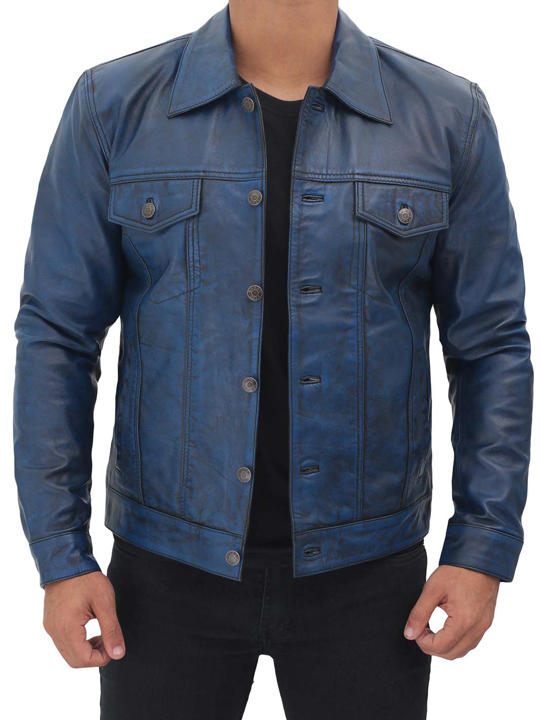 Fernando Men's Blue Leather Trucker Jacket | Classy Look – Decrum