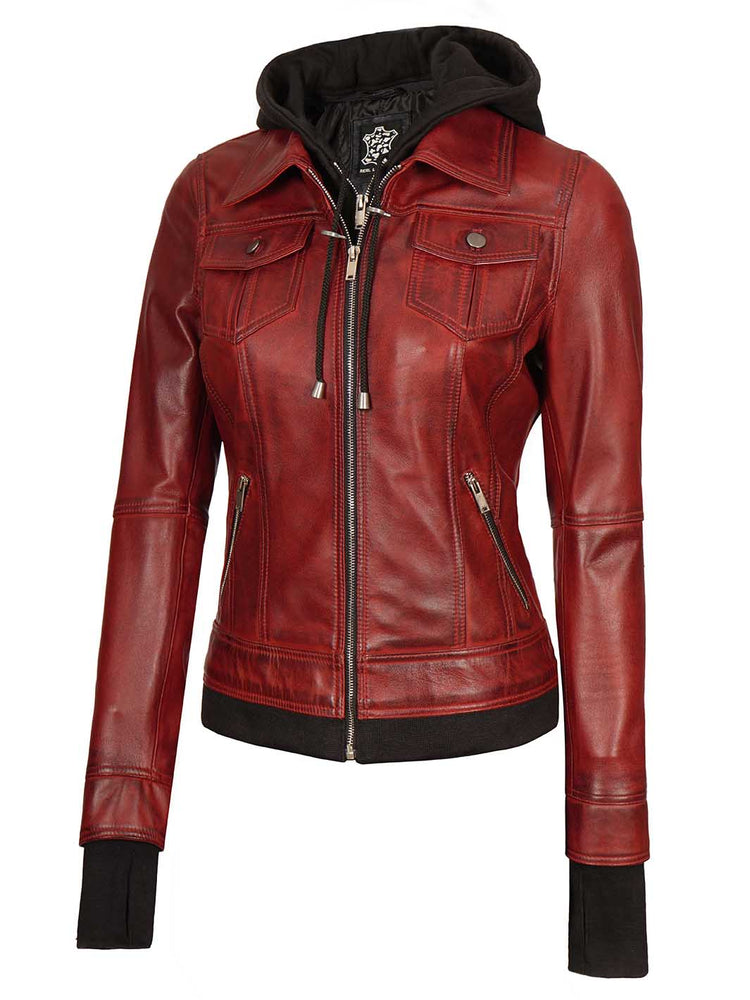 Womens Maroon Leather Bomber Jacket with Removable Hood – Decrum