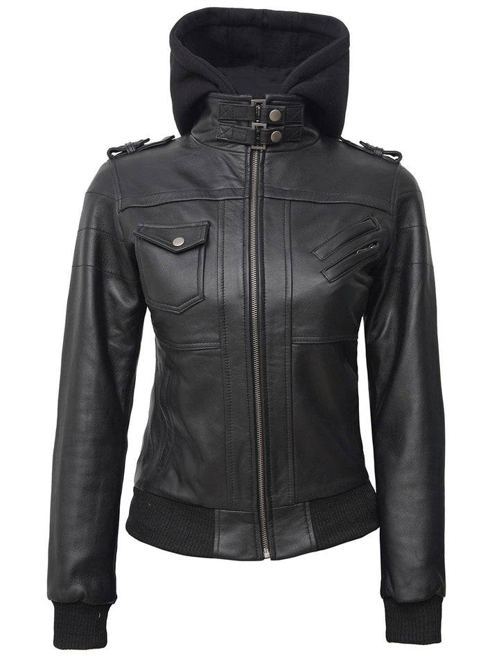 Womens Black Bomber Leather Jacket with Removable Hooded – Decrum