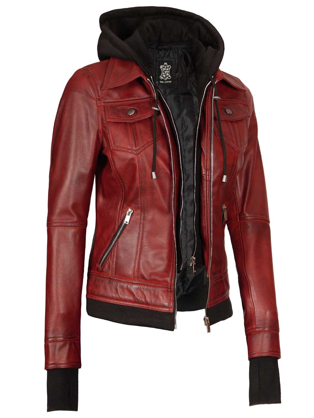 Maroon Womens Leather Bomber Jacket with Hood | Limited Stock – Decrum