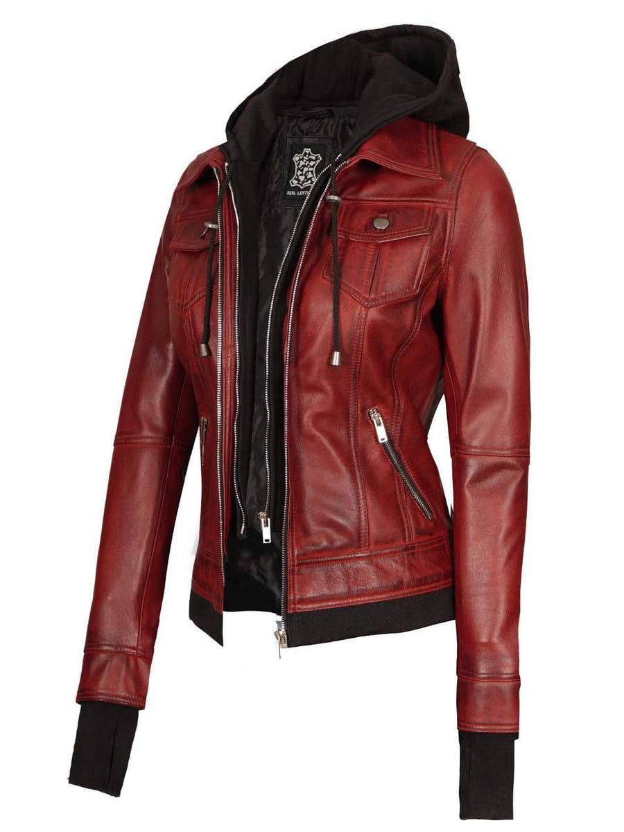 Maroon Womens Leather Bomber Jacket with Hood | Limited Stock – Decrum