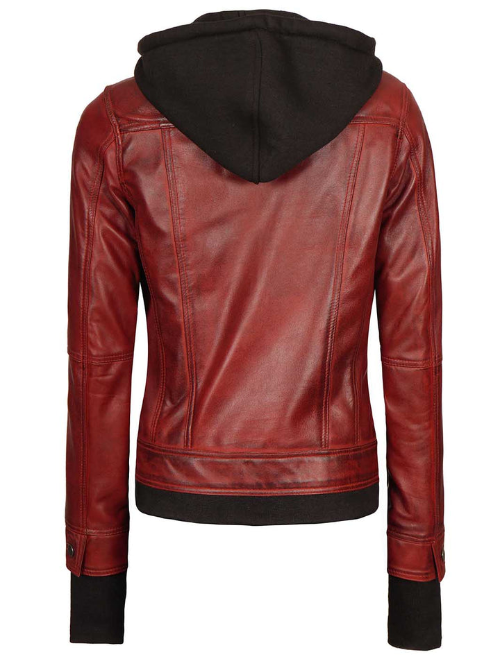 Maroon Womens Leather Bomber Jacket with Hood | Limited Stock – Decrum